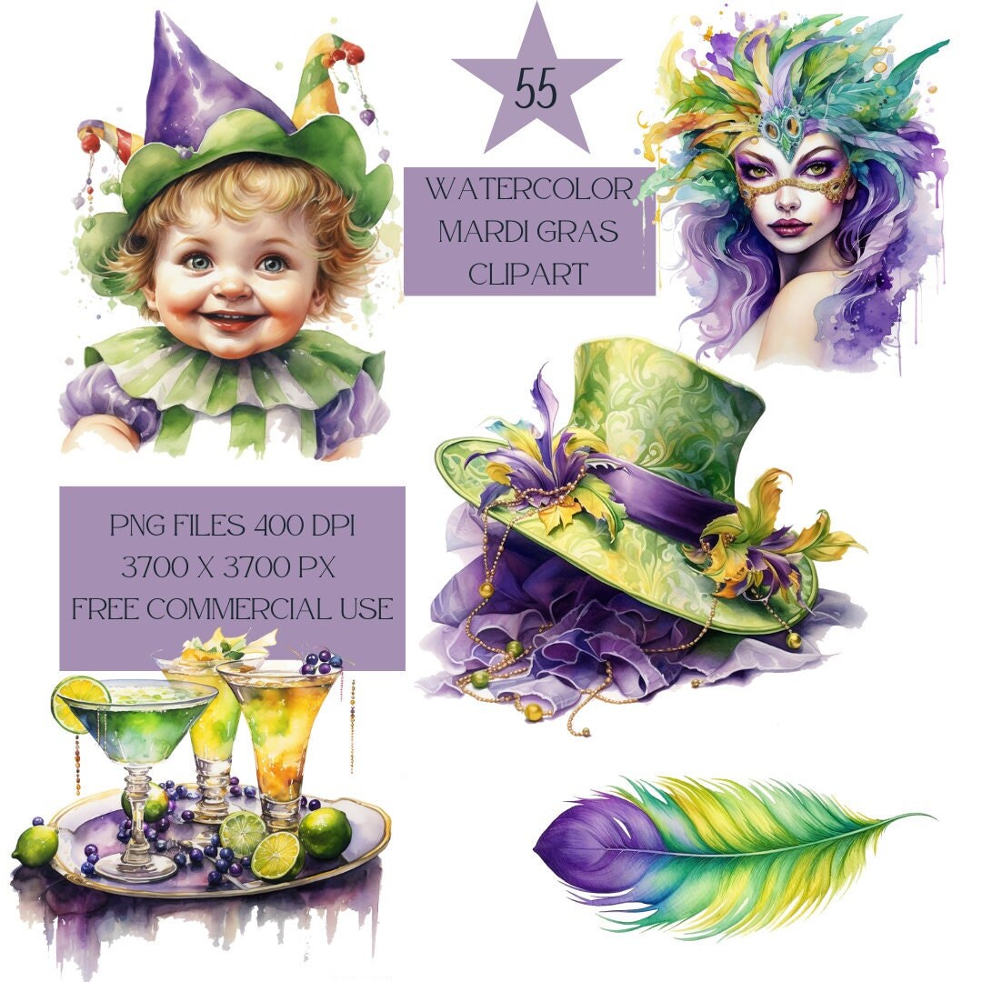 55 Watercolor Happy Mardi Gras Clipart PNG Bundle Masquerade Clip Art ...