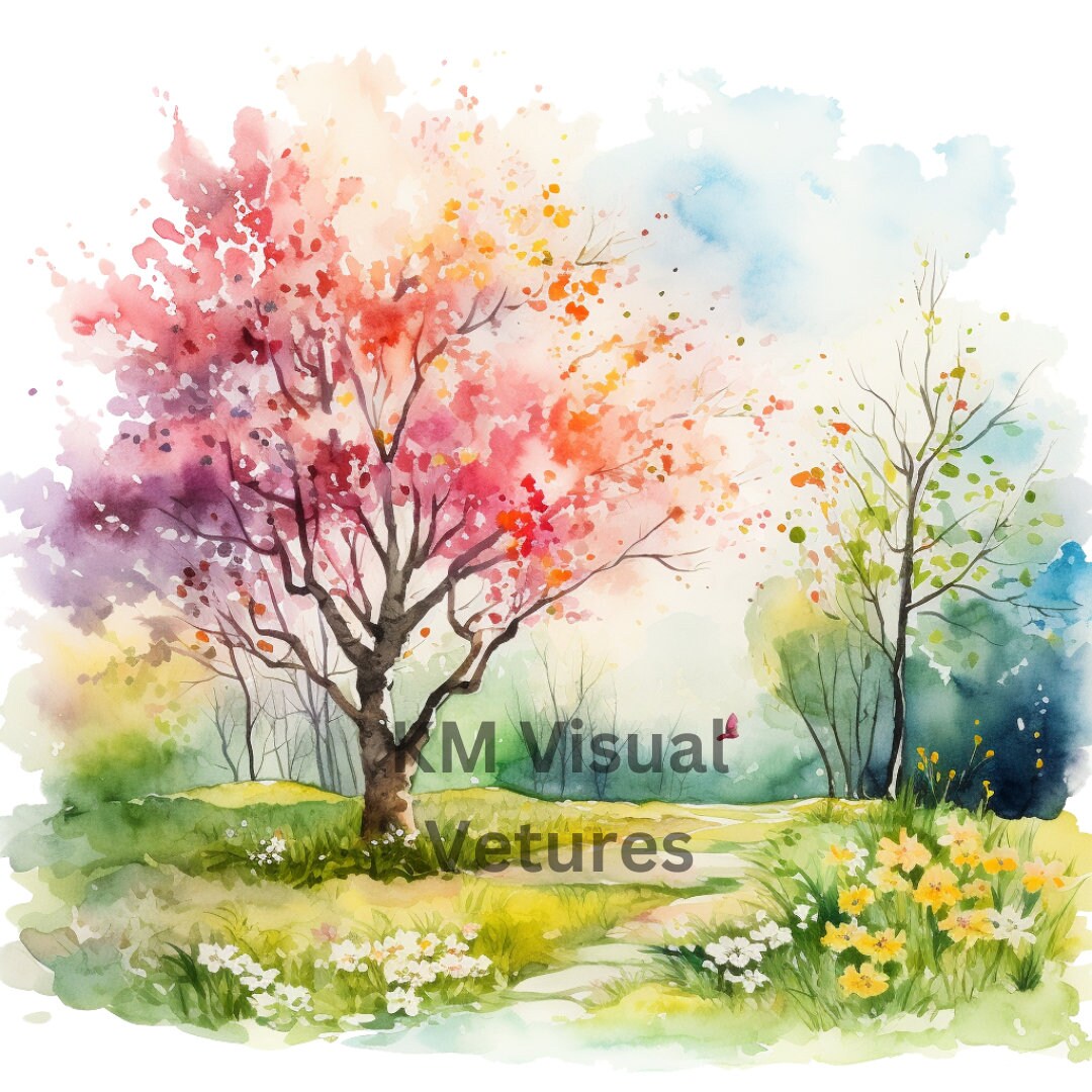 Watercolor Spring Tree Clipart Png,spring Scenery, Tree Landscape ...