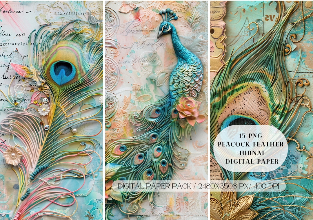 Peacock Feather Shabby Chic Romantic Notebook Digital Paper, Printable ...