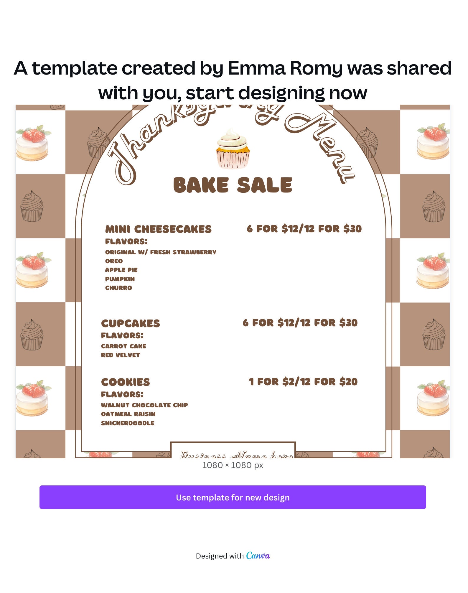Thanksgiving Theme Bake Sale Bakery Dessert Sweet Treat Menu Template ...
