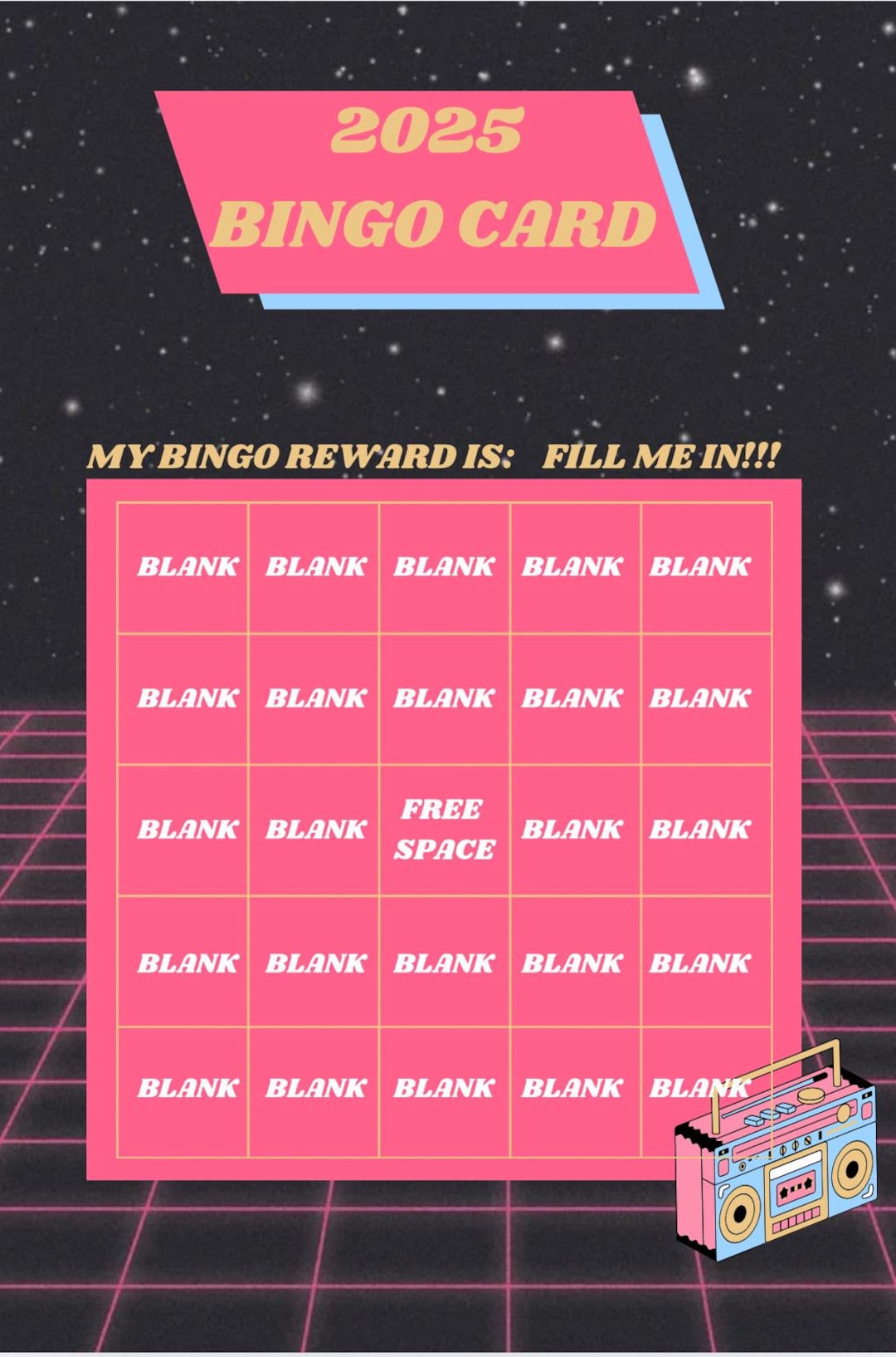 New Years Editable 2025 Bingo Card Canva Template 80's Themed - Etsy