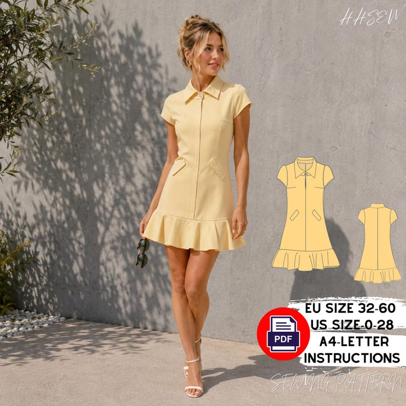 Collared Mini Dress Sewing Pattern PDF Ruffle Hem Summer Dress - Etsy UK