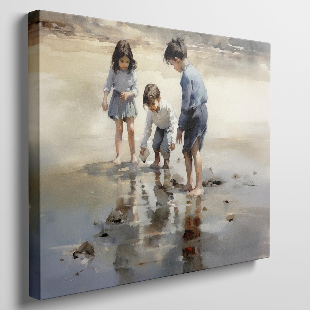Canvas Wall Art Print Kids Playing by the Shore Beach Scene ...