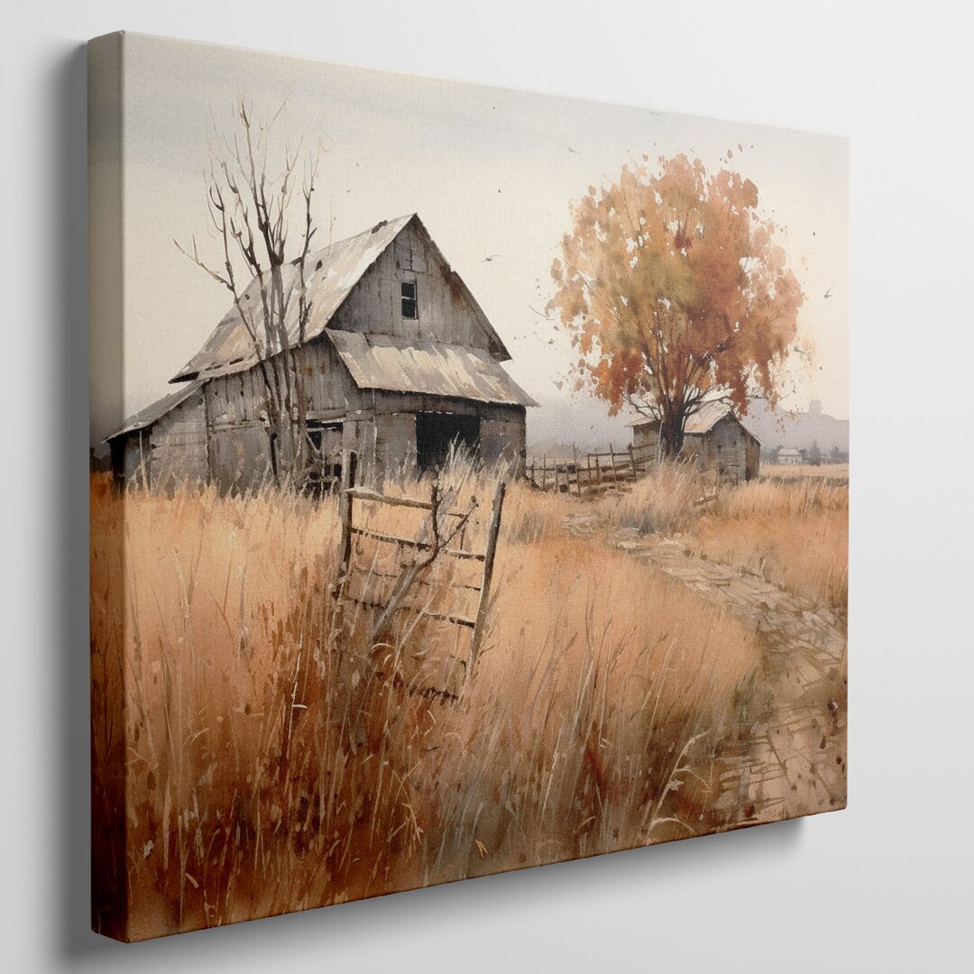 Rustic Autumn Barn Scene Framed Canvas Artwork With Warm - Etsy