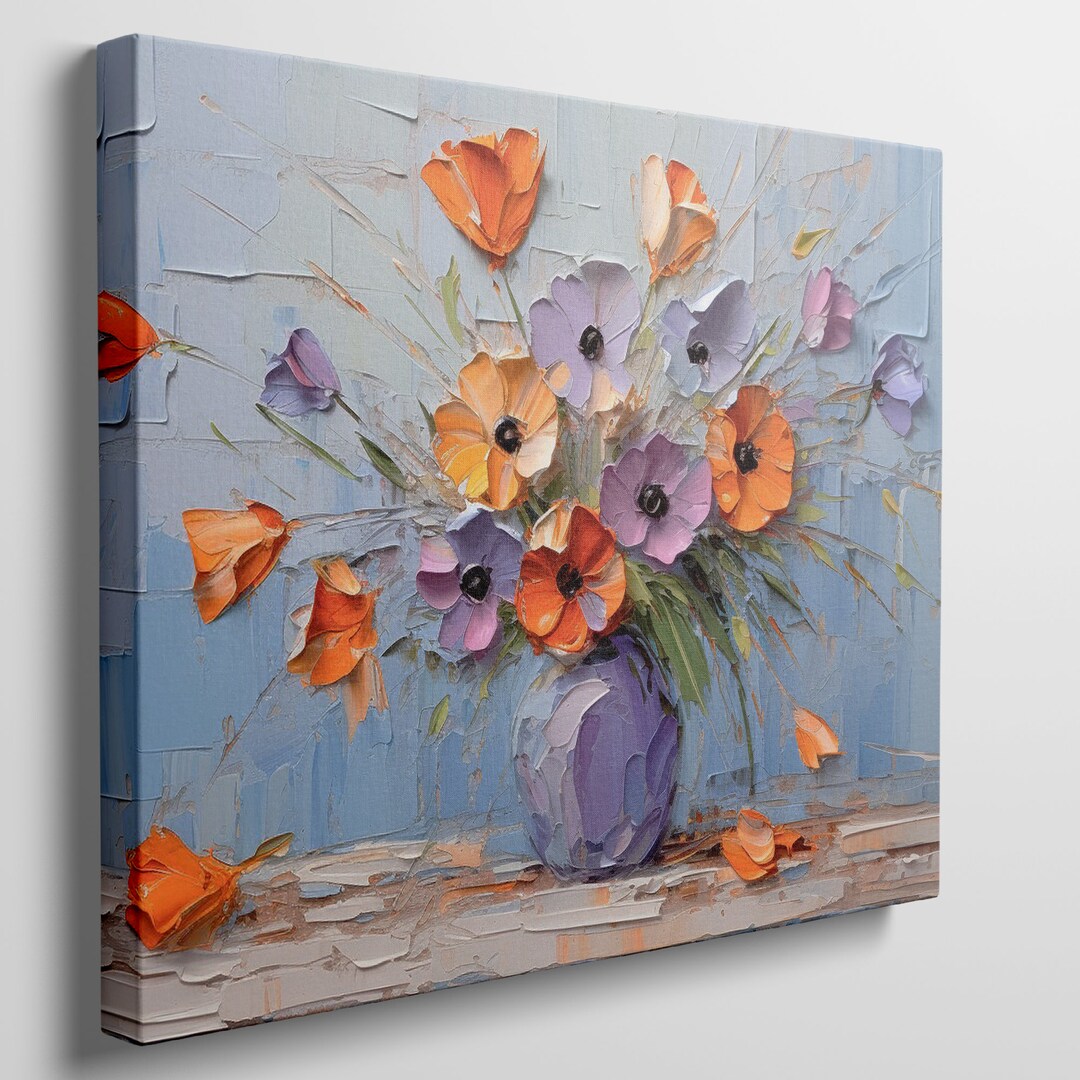 Vibrant Impasto Floral Bouquet on Blue Exquisite Canvas Wall Art for ...
