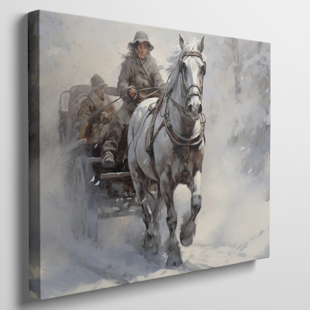 Canvas Wall Art Print of Rustic Winter Scene with Horse-Drawn Sleigh ...