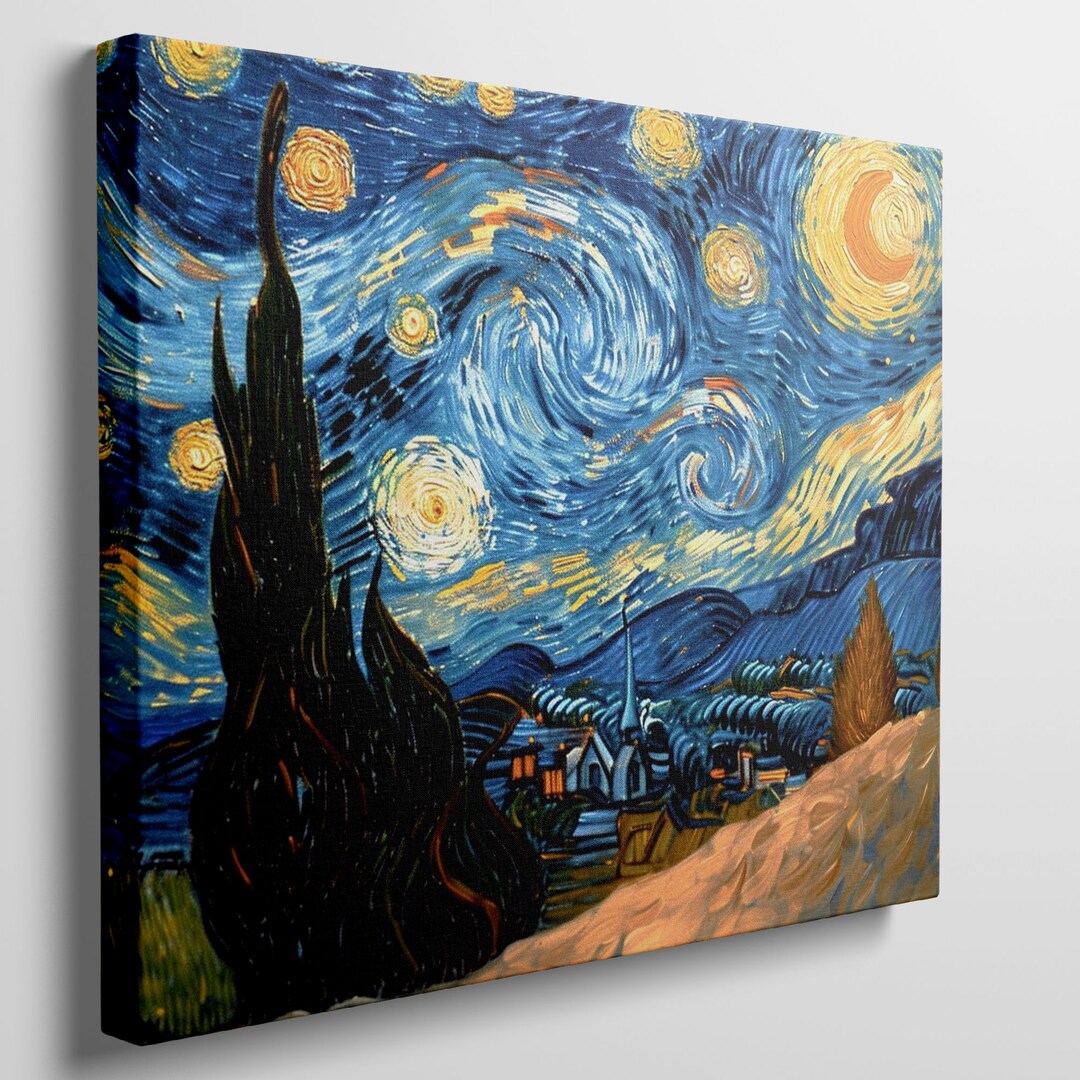 Starry Night-Inspired Canvas Wall Art Print, Swirling Sky and Bright ...