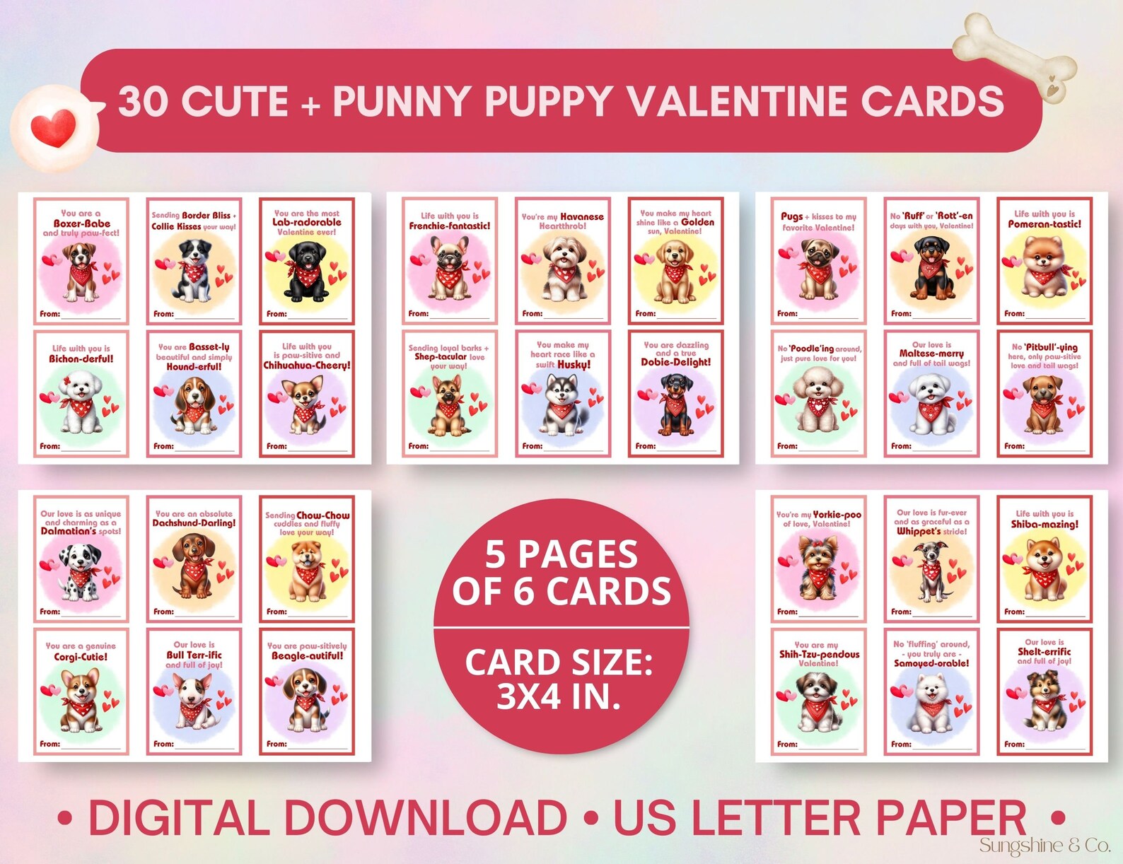 30 Instant Download Dog Valentine's Day Cards, School Valentine Cards ...