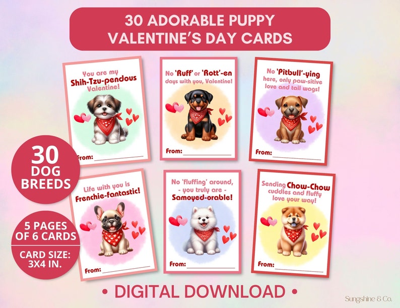 30 Instant Download Dog Valentine's Day Cards, School Valentine Cards ...