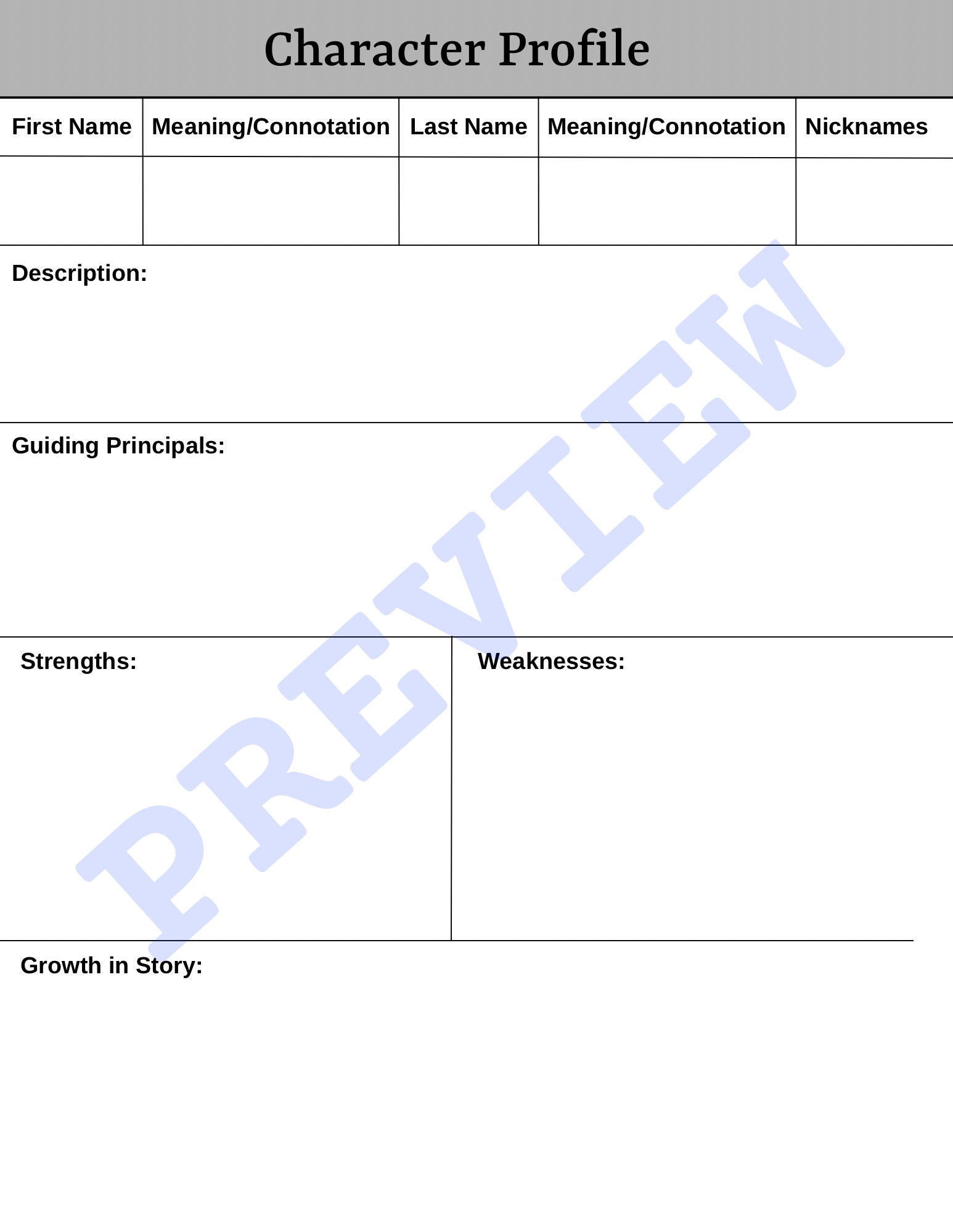 Character Profile Reference Sheet- Digital Download - Novel / Story ...