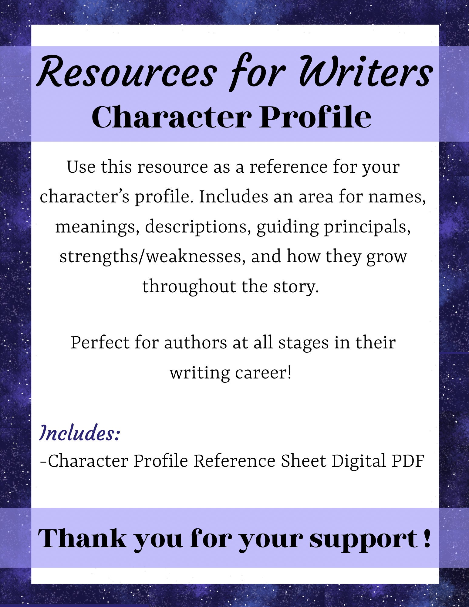 Character Profile Reference Sheet- Digital Download - Novel / Story ...