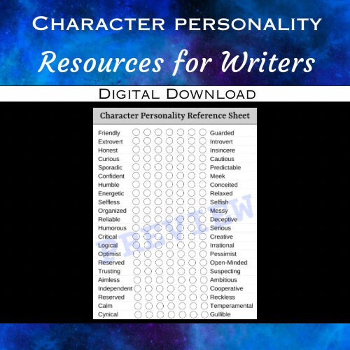 Character Personality Reference Sheet- Digital Download - Novel / Story ...