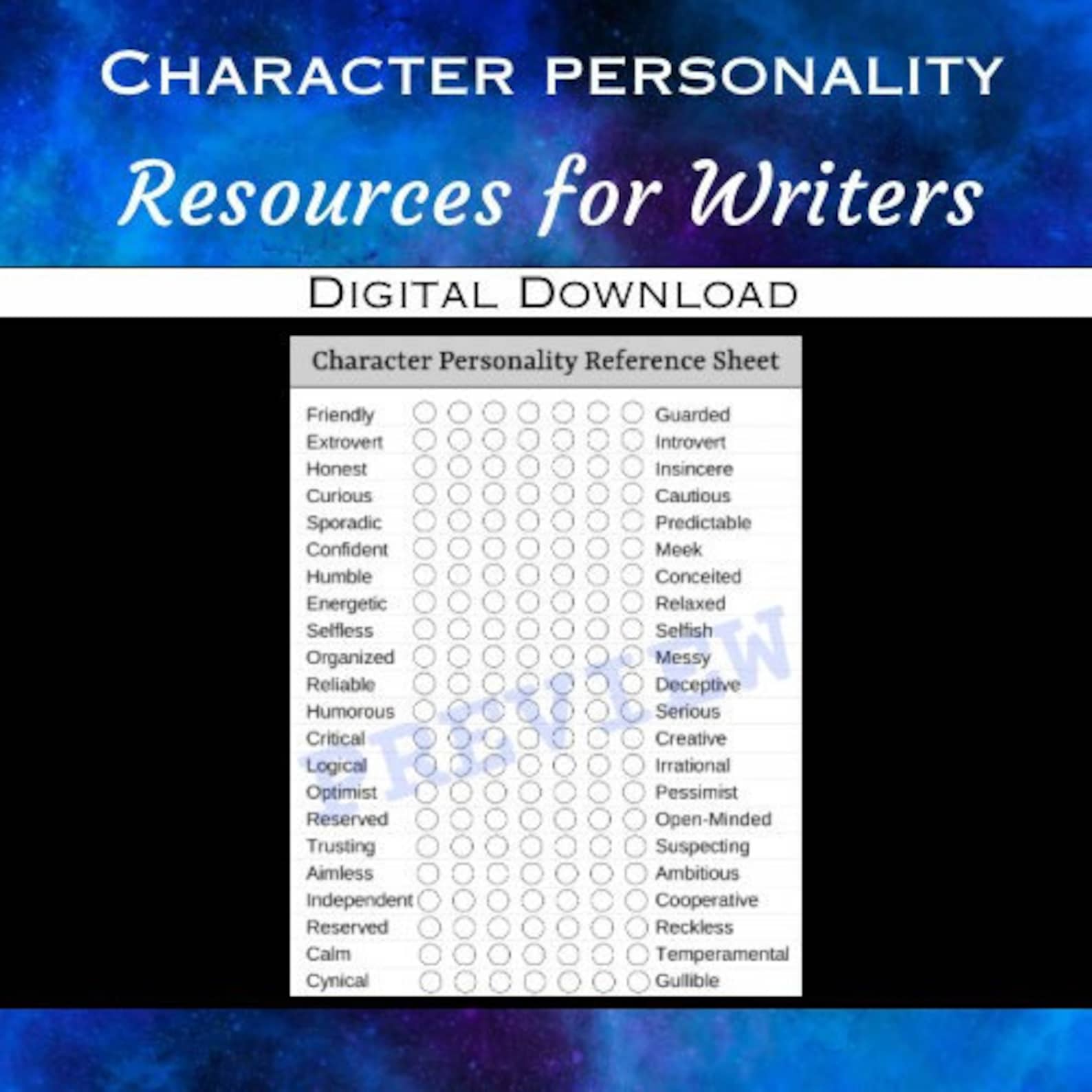 Character Personality Reference Sheet- Digital Download - Novel / Story ...