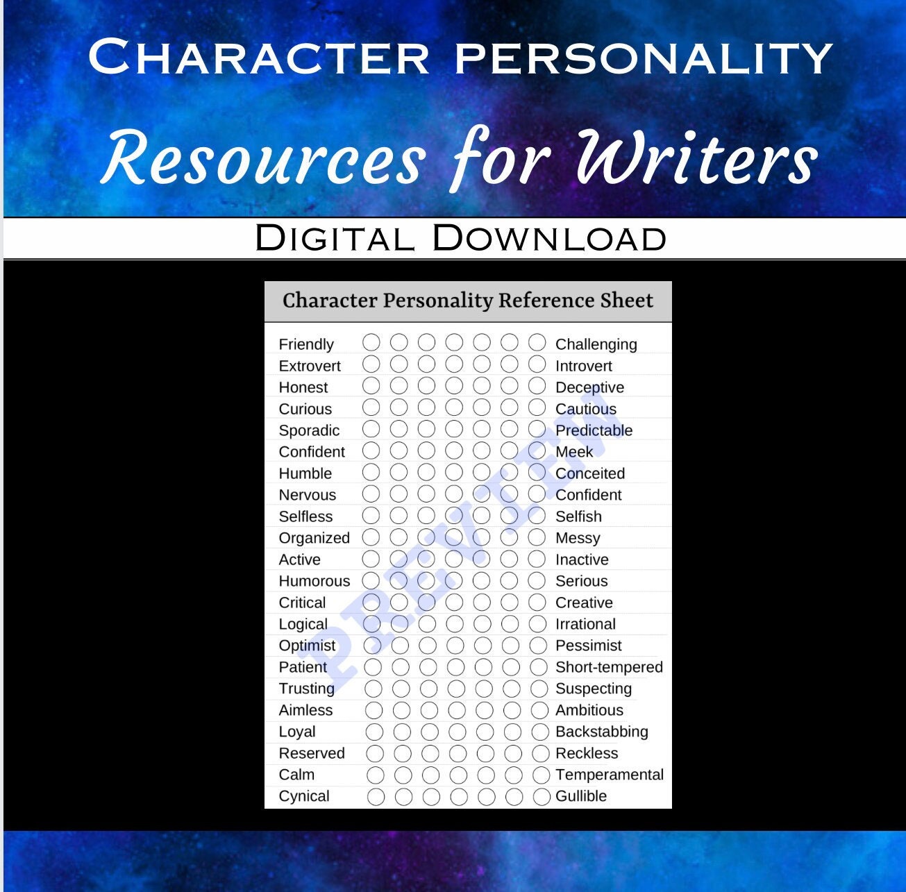 Character Personality Reference Sheet Digital Download Novel / Story ...