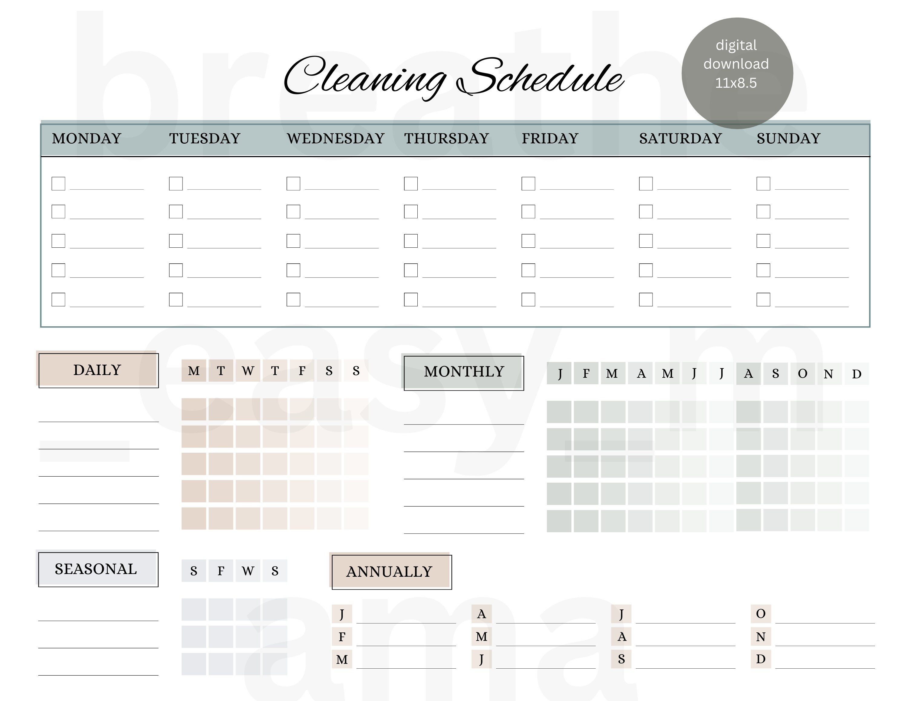 Digital, Printable Cleaning Schedule, Keep Track and Stay Organized ...
