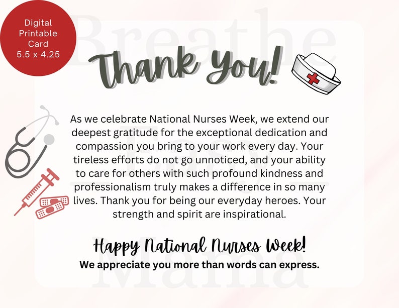 National Nurses Week Appreciation Card - 5.5 X 4.25" Digital Download ...