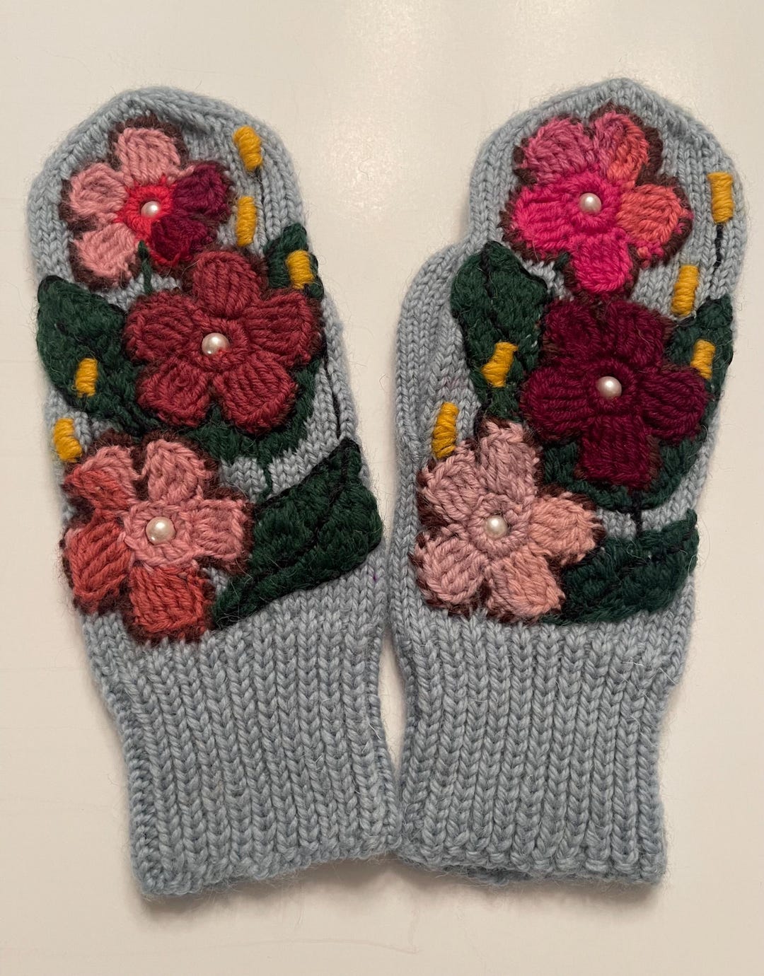 Wool Mittens Floral With Embroidery - Etsy Canada