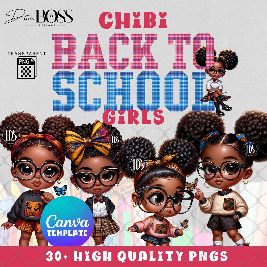 Chibi Black Girl Back to School PNG Bundle for Sublimation, Cute Afro ...