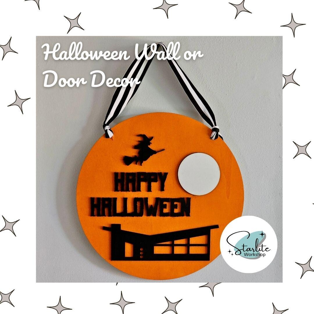 Flying Witch Halloween Sign – MCM Style – Light Wood Door Hanger – Full ...