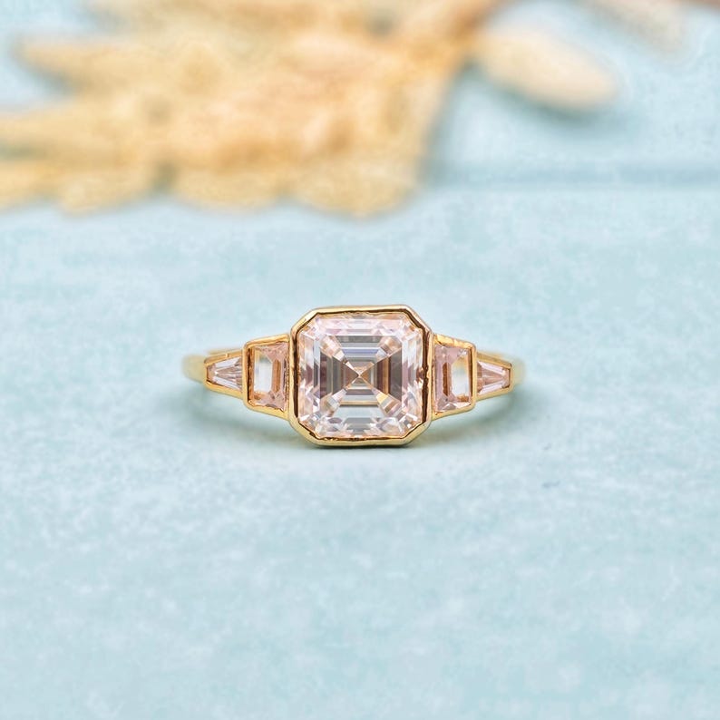 2 Ct Vintage Bezel Set Five Stone Engagement Ring Asscher Cut Moissanite Diamond Solitaire Ring