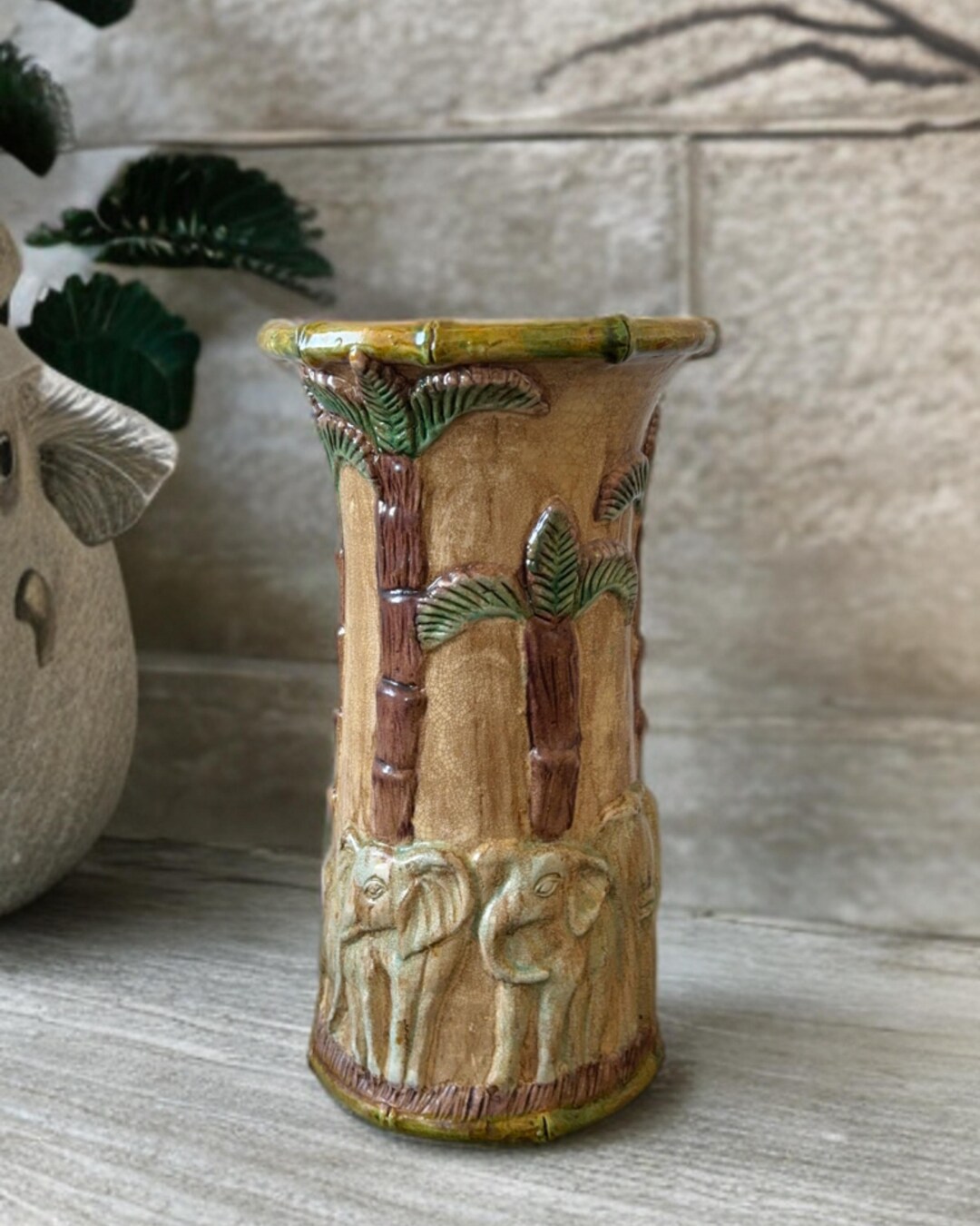 Vintage Ceramic Elephant Vase – Safari Jungle Palm Tree Pottery ...