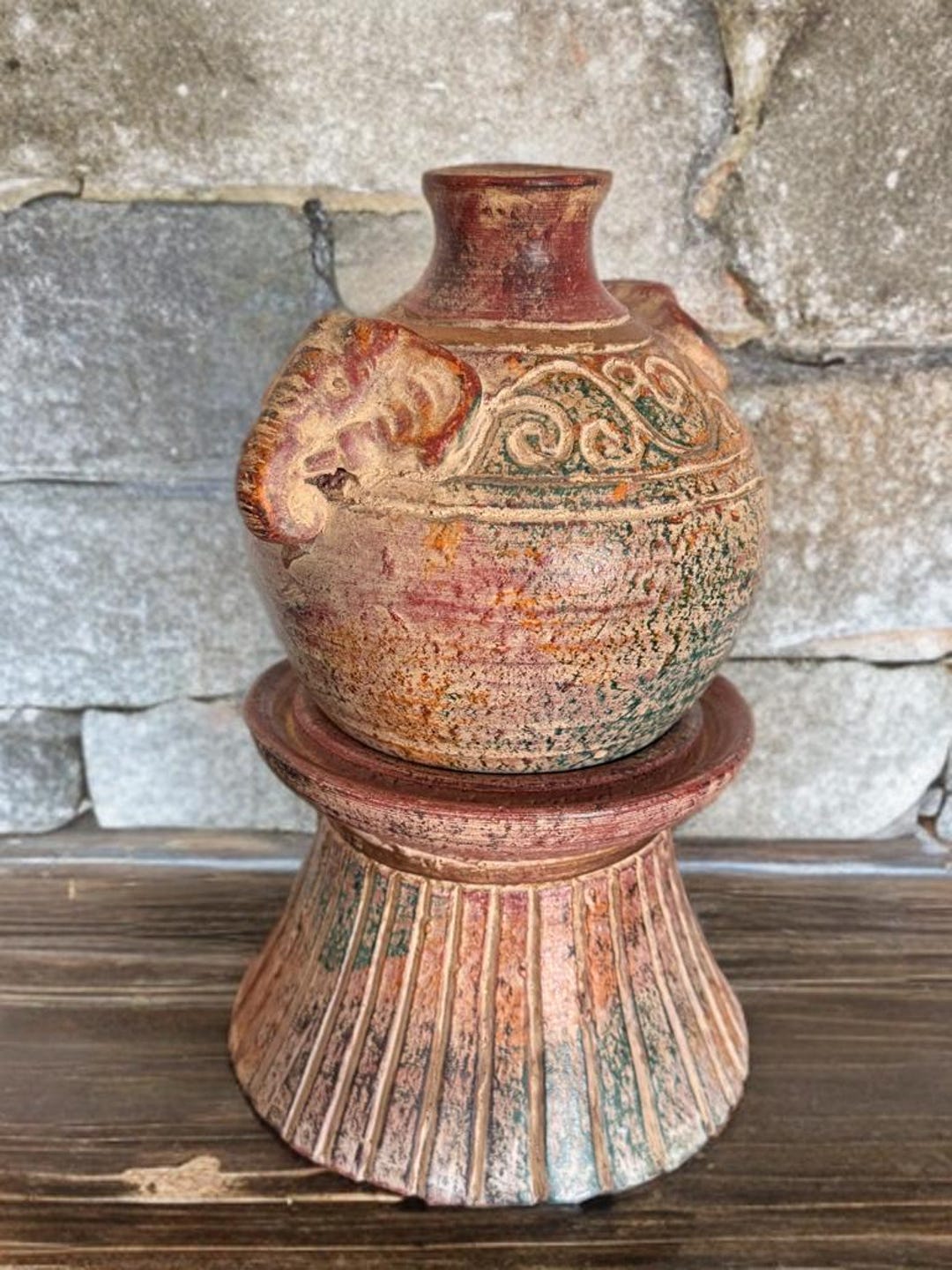 Rustic Elephant Ceramic Vase & Stand: Carved Terracotta Candle Holder ...