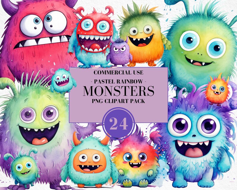 Cute Monster Halloween Clipart, Watercolor Clipart, Cute Monsters ...
