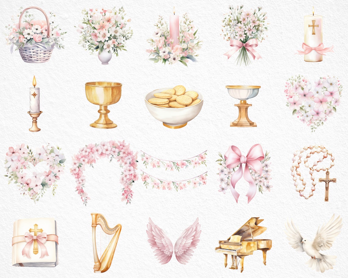 Watercolor First Communion Clipart, Pastel Pink, Baptism Clipart ...
