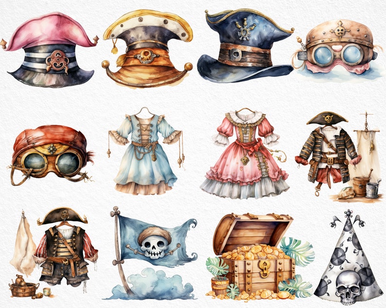 Watercolor Pirates Clipart, Watercolor Pirate Birthday Party Clipart ...