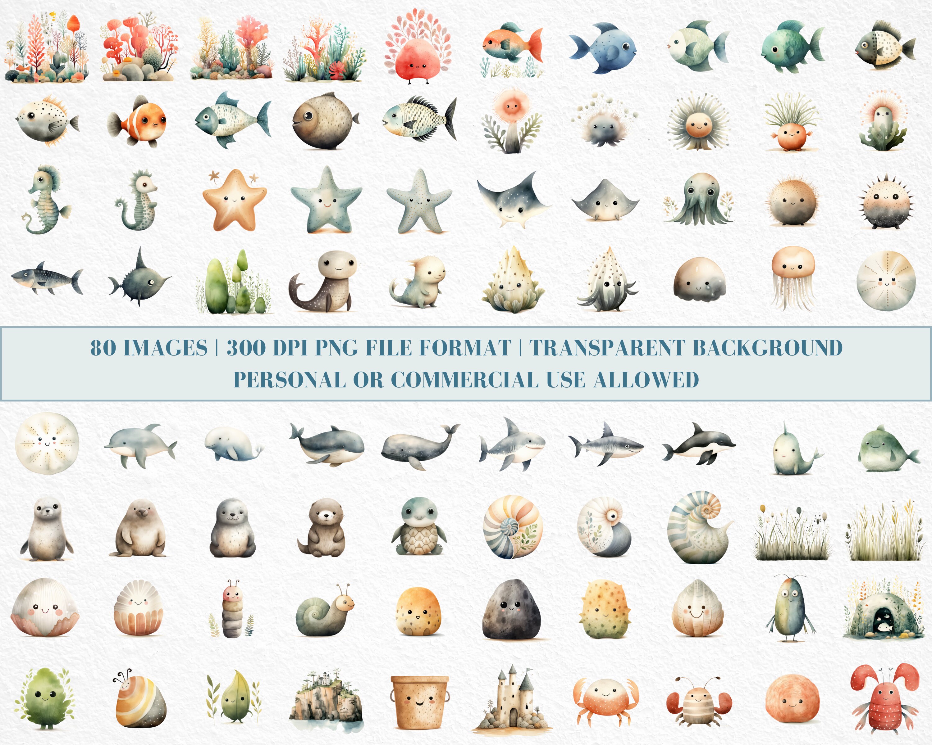 Watercolor Ocean Creatures Under the Sea Clipart, Sea Animal Clipart ...