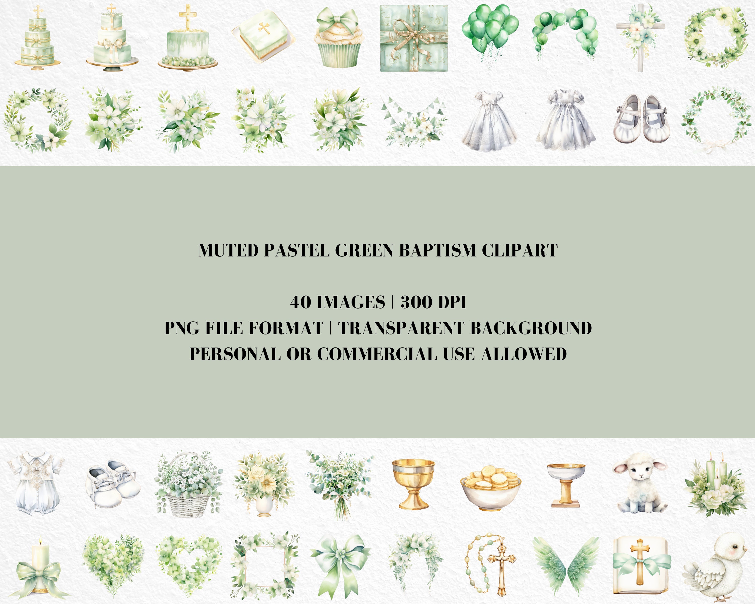 Watercolor First Communion Clipart, Pastel Green, Baptism Clipart ...