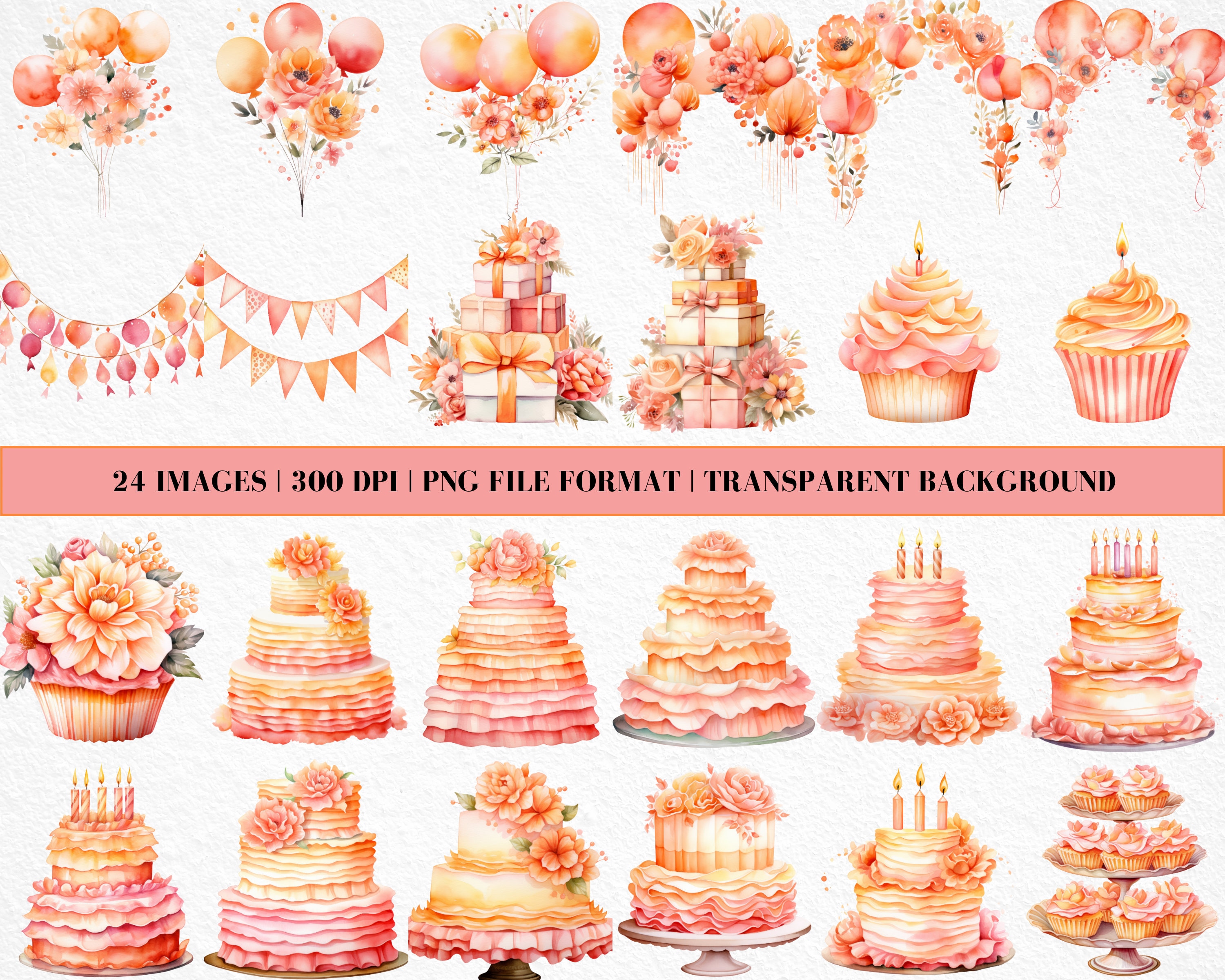 Watercolor Pink & Orange Birthday Clipart, Watercolor Birthday Clipart ...