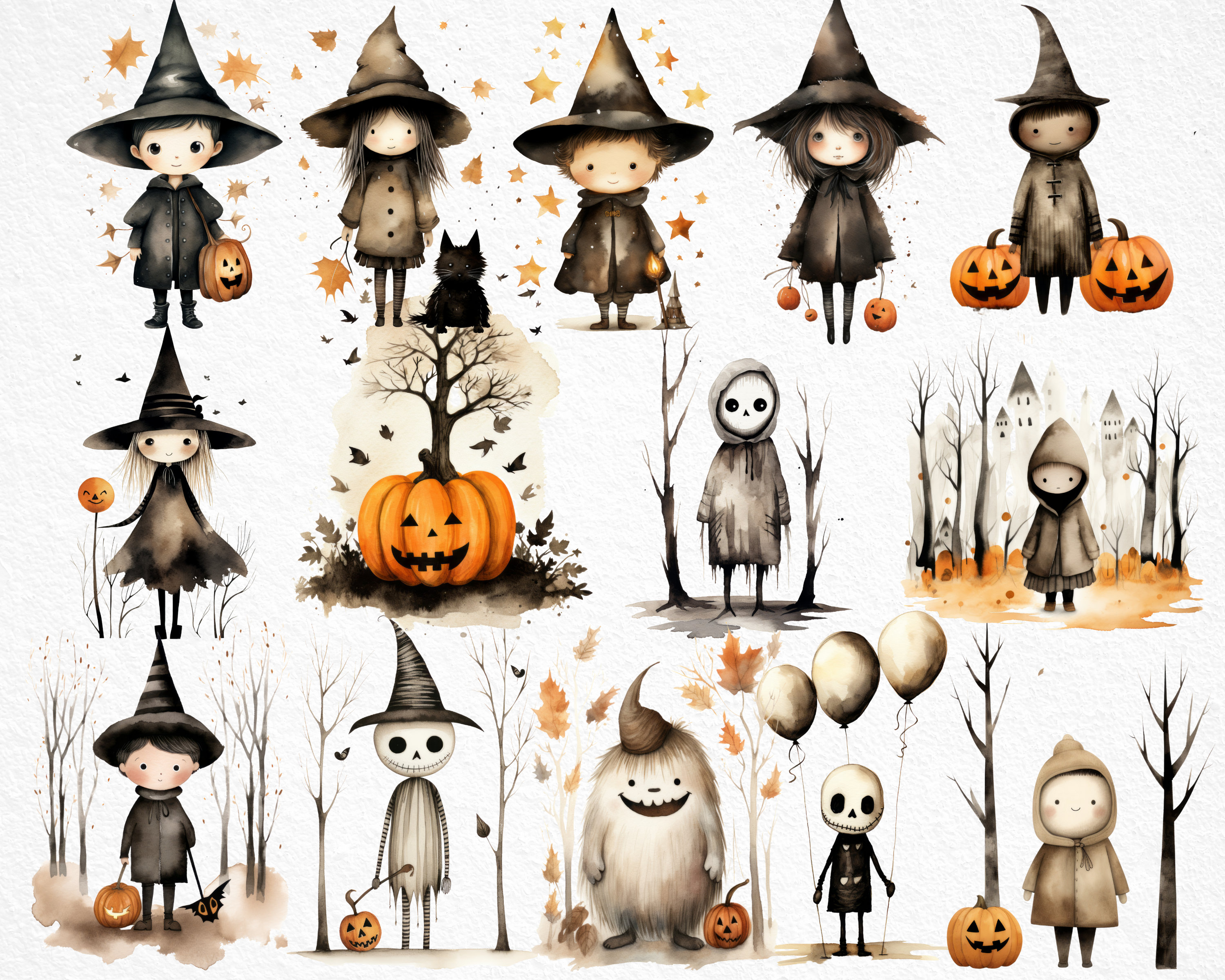Cute Halloween Clipart, Watercolor Halloween Clipart, Monsters, Witch ...