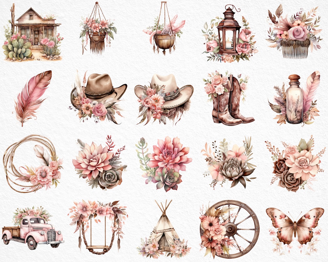 Watercolor Boho Western Clipart, Bohemian, Cowgirl Clipart, Desert ...
