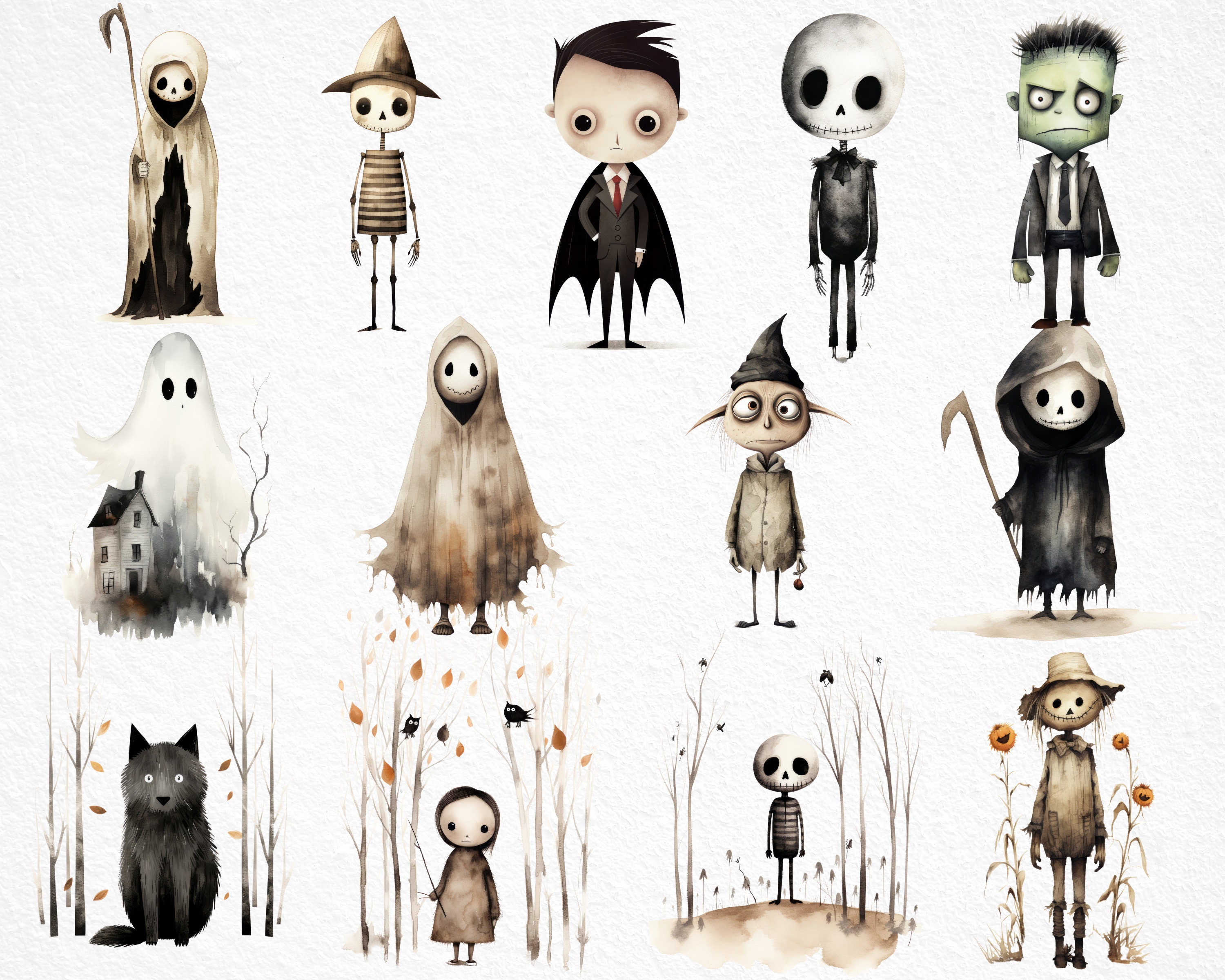 Cute Halloween Clipart, Watercolor Halloween Clipart, Monsters, Witch ...