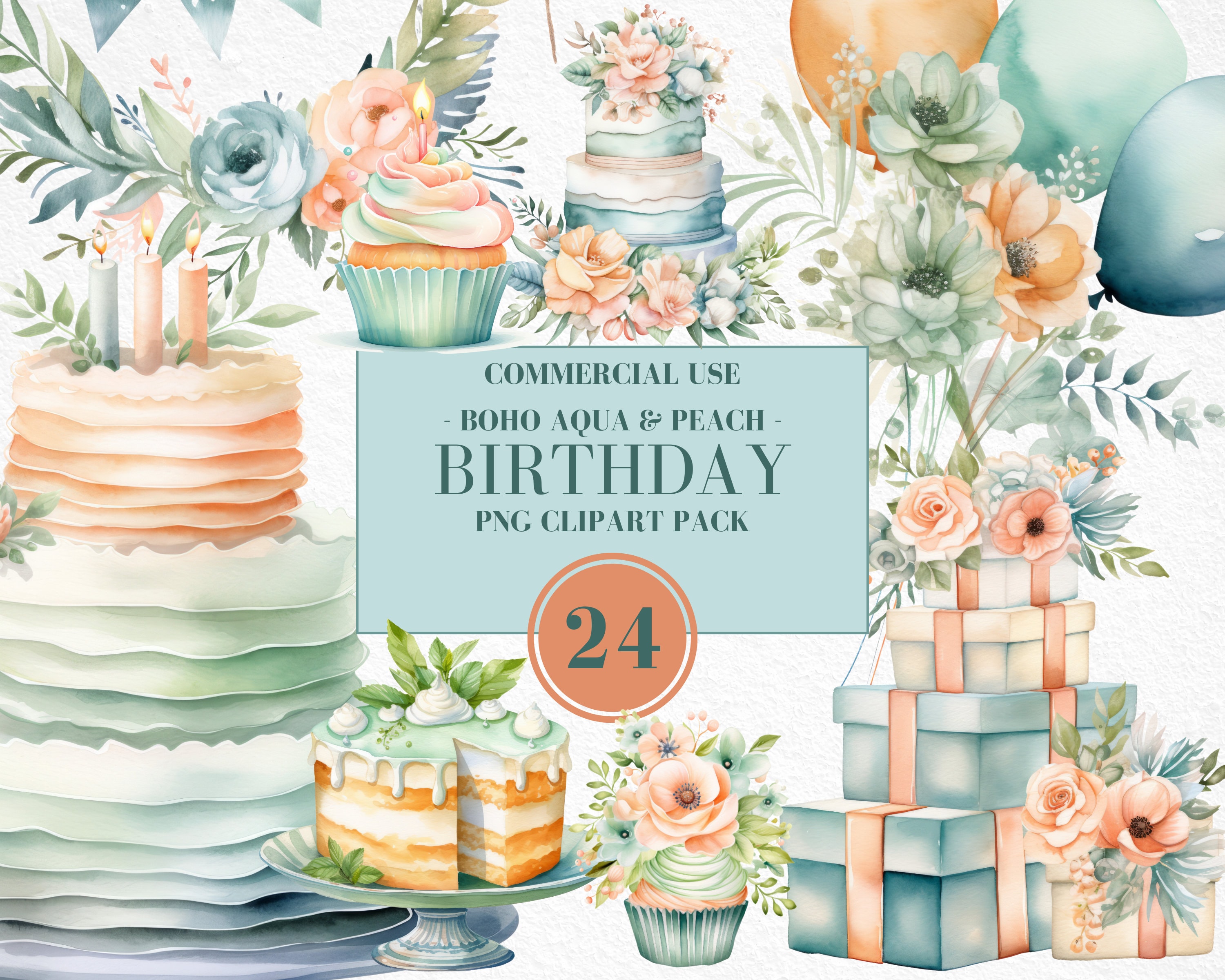 Watercolor Peach & Aqua Birthday Clipart, Watercolor Birthday Clipart ...