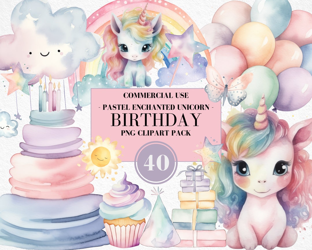 Watercolor Pastel Rainbow Enchanted Unicorns Birthday Clipart, Unicorn ...