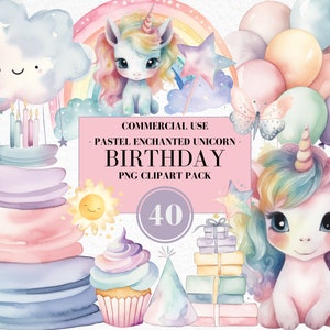 Watercolor Pastel Rainbow Enchanted Unicorns Birthday Clipart, Unicorn ...