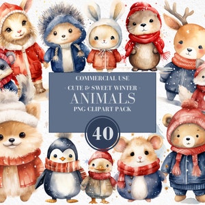 Watercolor Cute Christmas Animals Clipart, Winter Animals, Whimsical ...