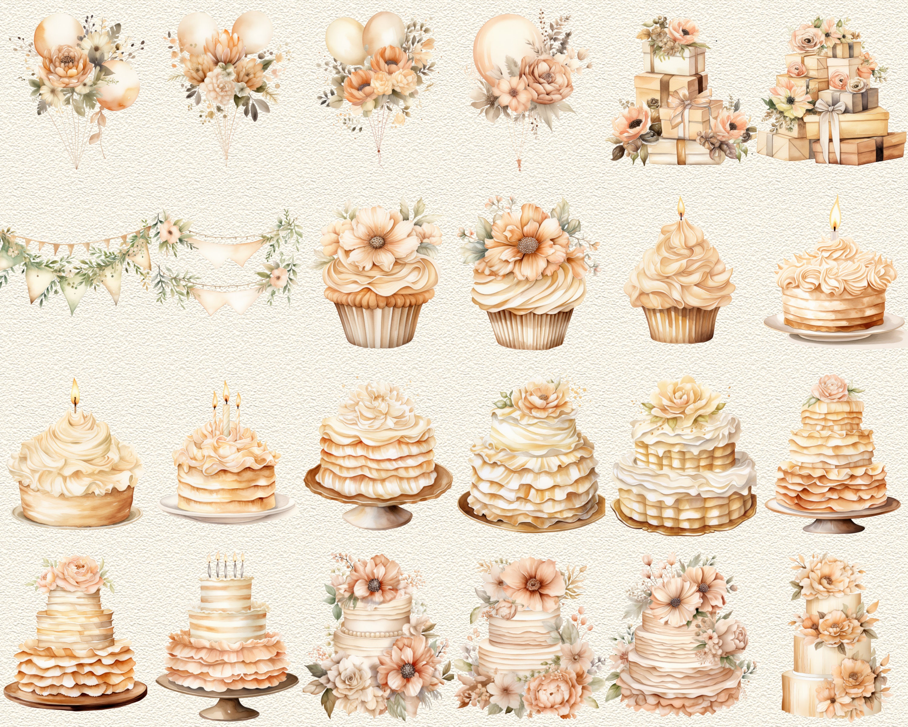 Watercolor Boho Cream Birthday Clipart, Watercolor Birthday Clipart ...