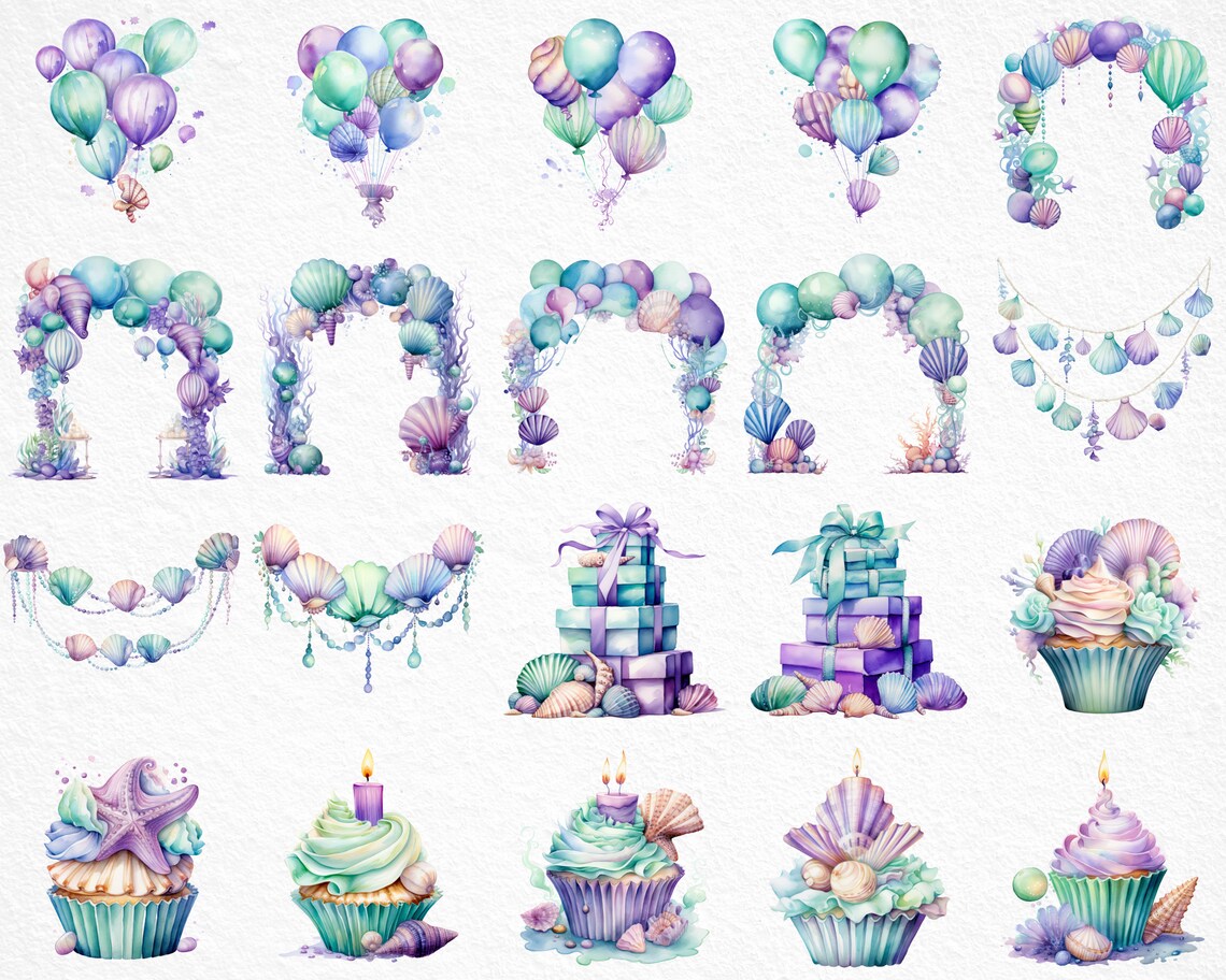 Watercolor Mermaid Birthday Clipart, Watercolor Birthday Clipart, Under ...