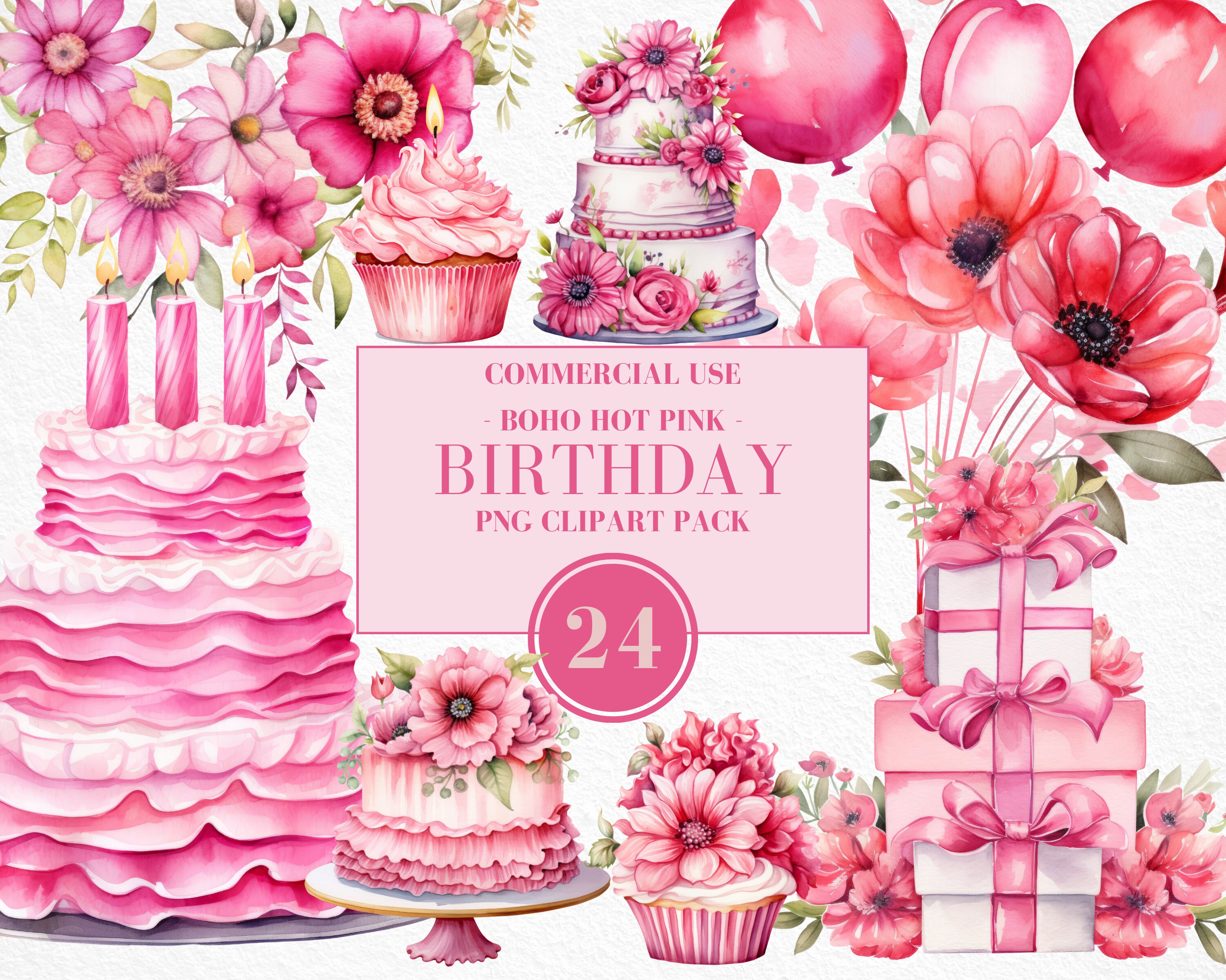 Watercolor Hot Pink Birthday Clipart, Watercolor Birthday Clipart, Boho ...