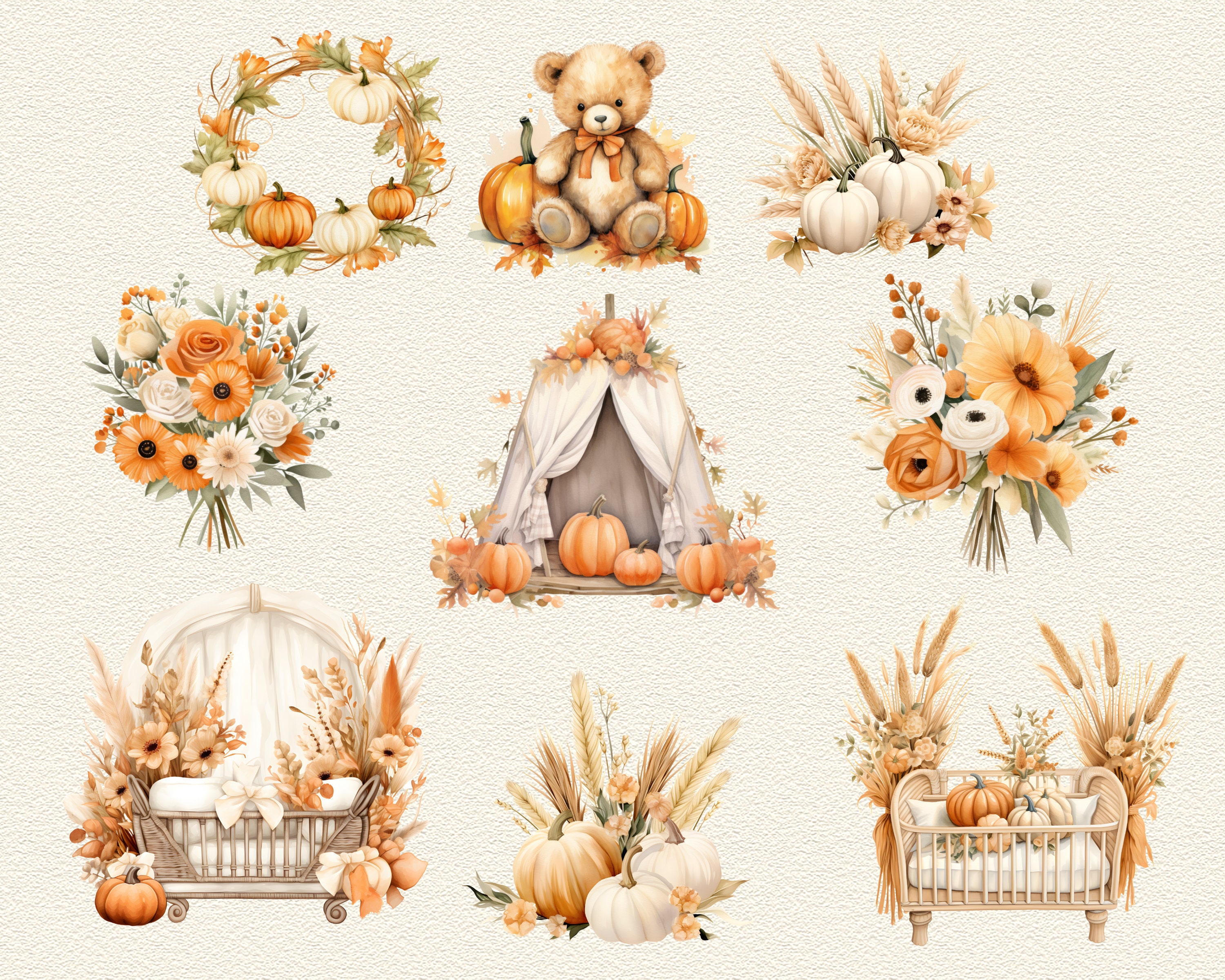Watercolor Pumpkin Clipart, Watercolor Baby Shower Clipart, Neutral ...