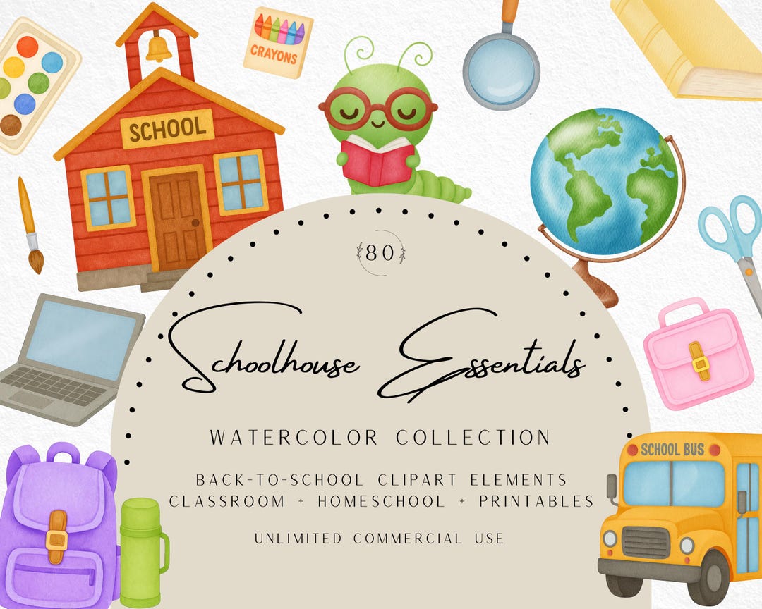 Watercolor School Clipart, Classroom Decor PNG, Back to School Supplies ...