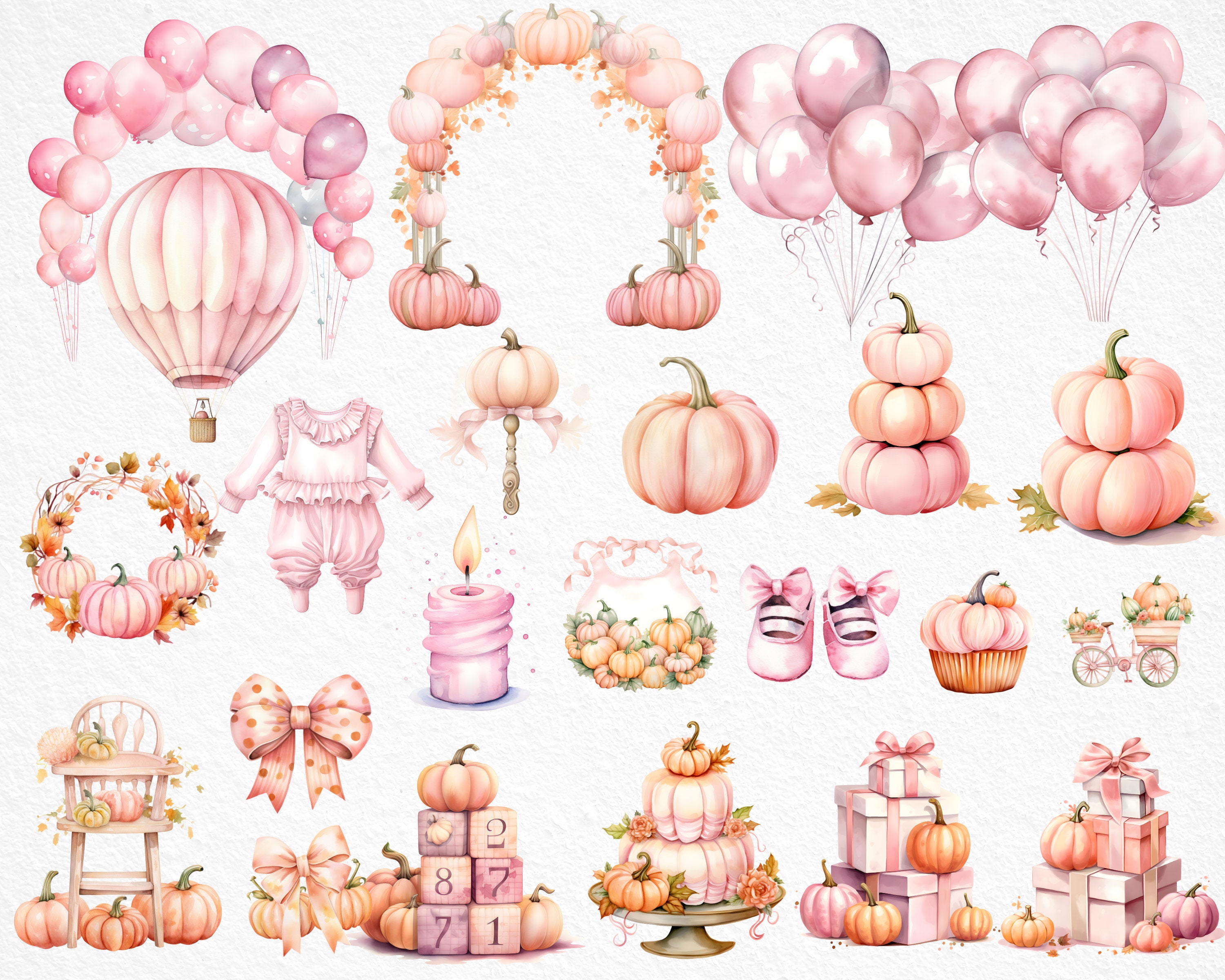 Watercolor Pumpkin Clipart for Girl, Watercolor Baby Shower Clipart ...