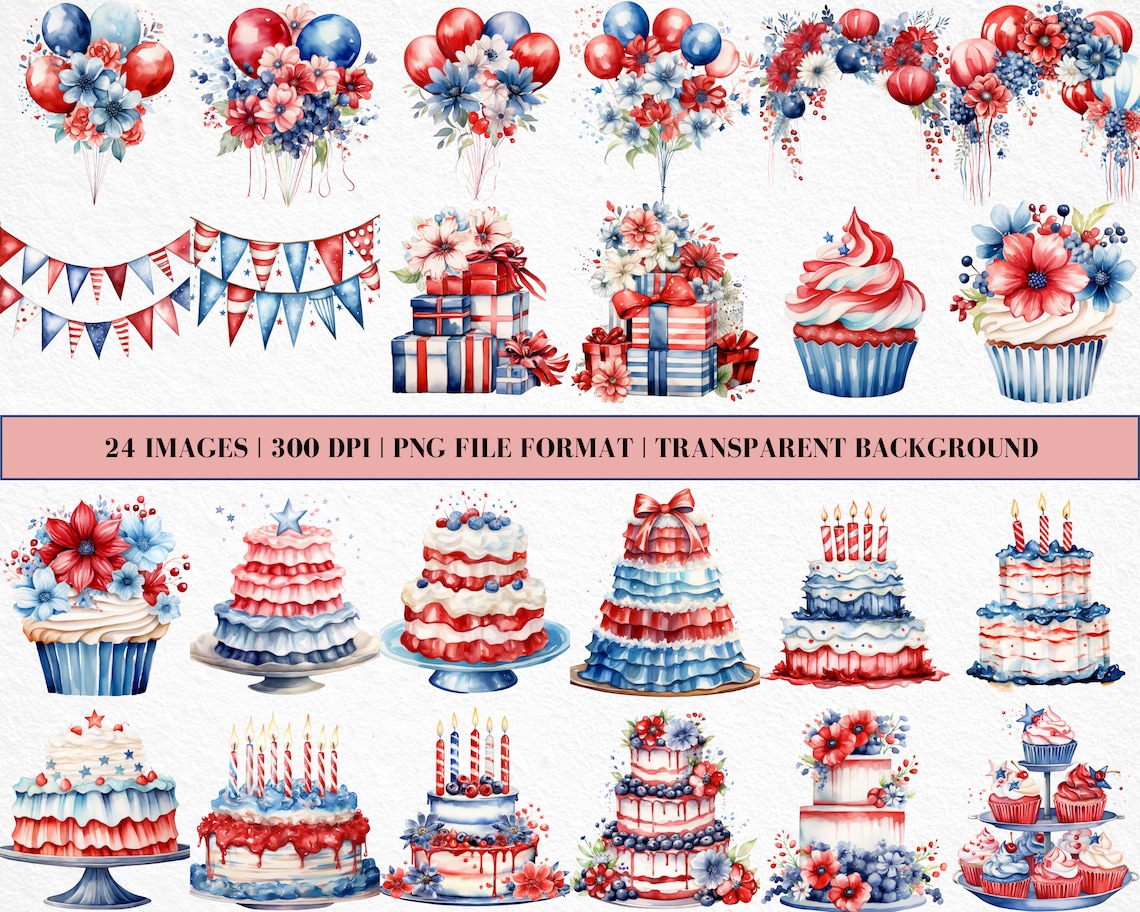 Watercolor Red White & Blue Birthday Clipart, Watercolor Birthday ...