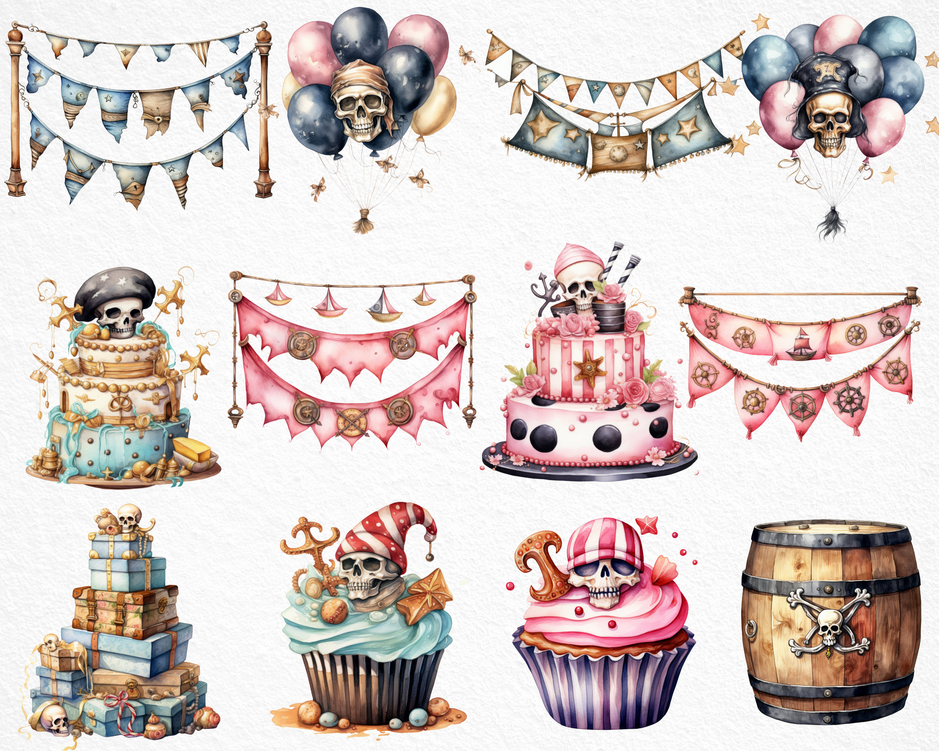 Watercolor Pirates Clipart, Watercolor Pirate Birthday Party Clipart ...