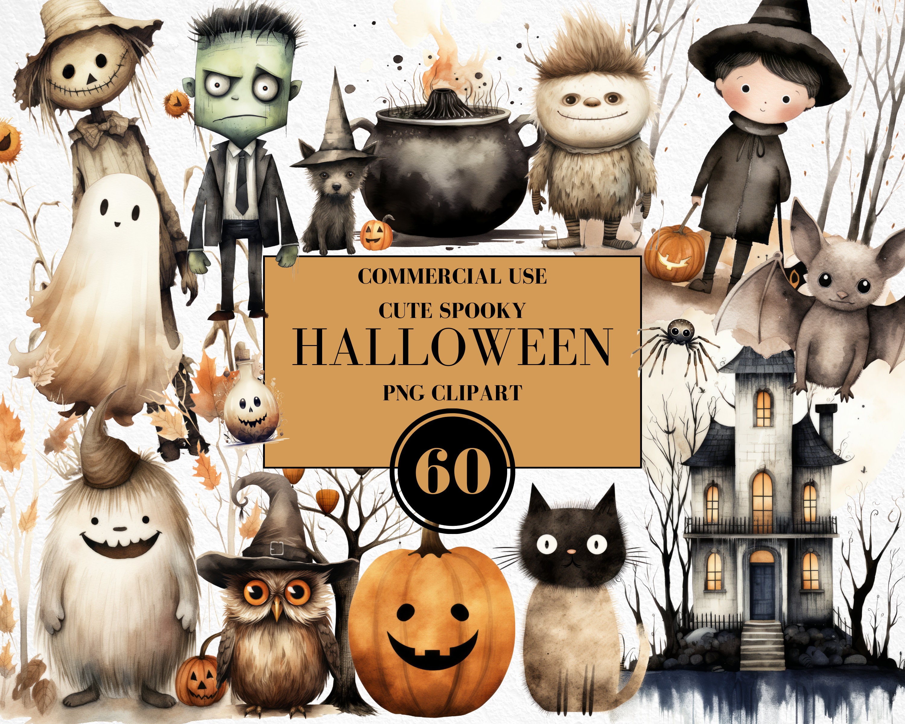 Cute Halloween Clipart, Watercolor Halloween Clipart, Monsters, Witch ...