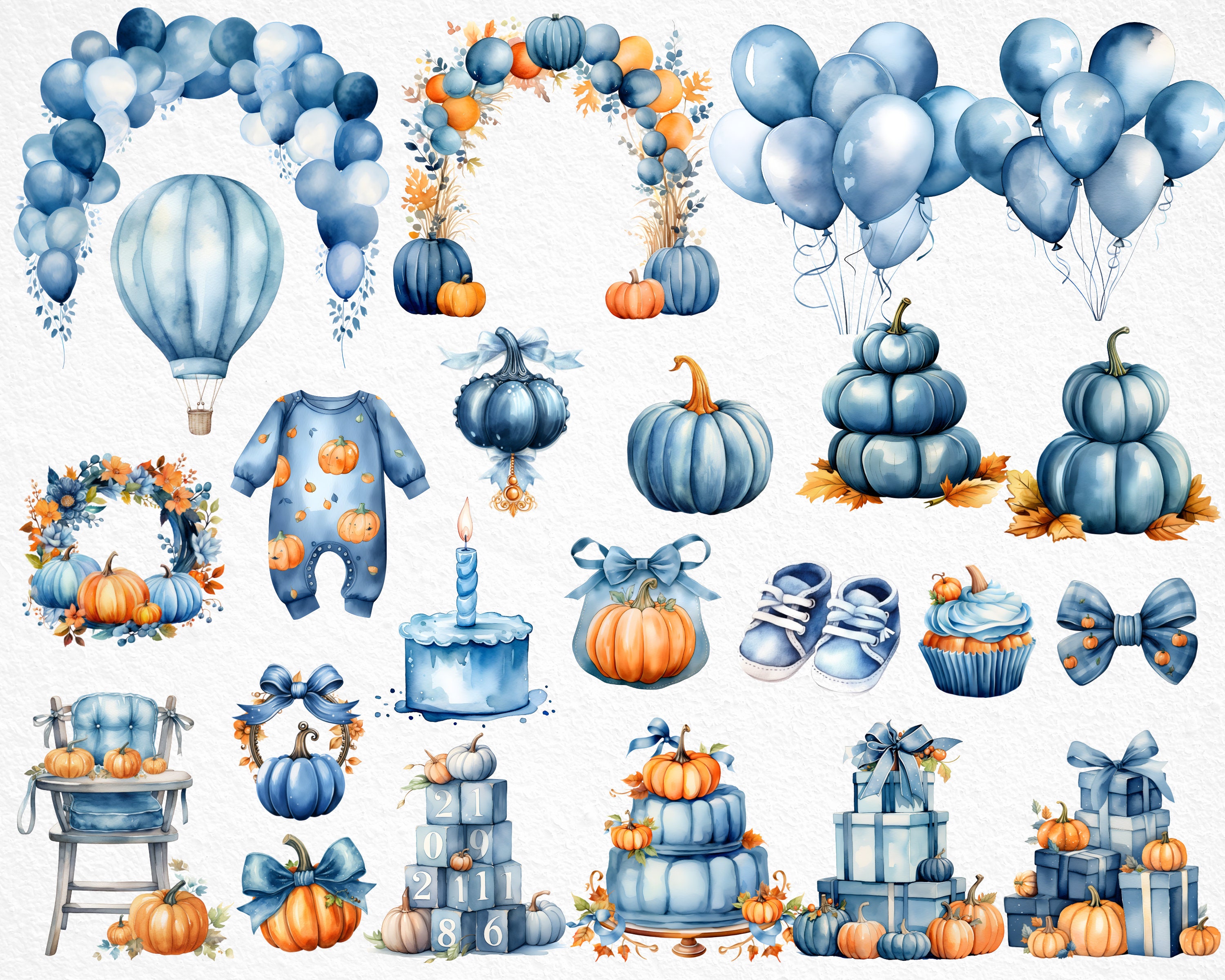 Watercolor Pumpkin Clipart for Boy Watercolor Baby Shower - Etsy