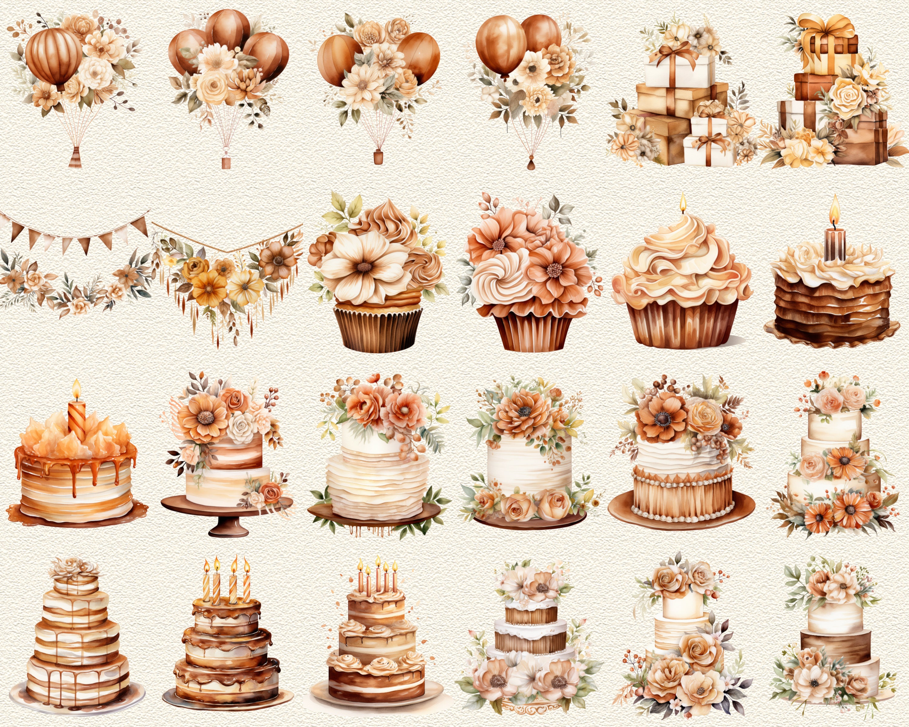 Watercolor Boho Terracotta Birthday Clipart, Watercolor Birthday ...